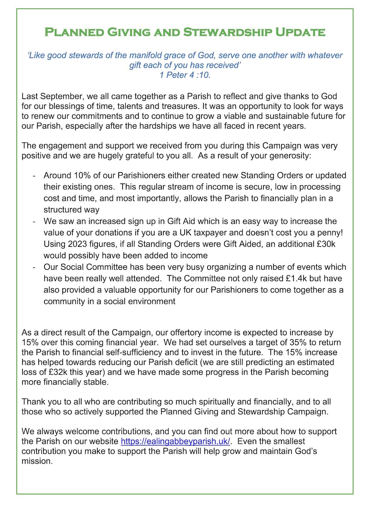 Parish Finance Report – St Benedict's Parish, Ealing